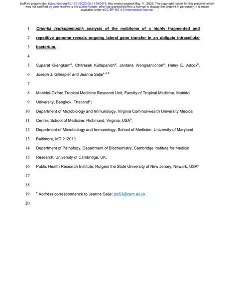 Pdf Orientia Tsutsugamushi Analysis Of The Mobilome Of A Highly