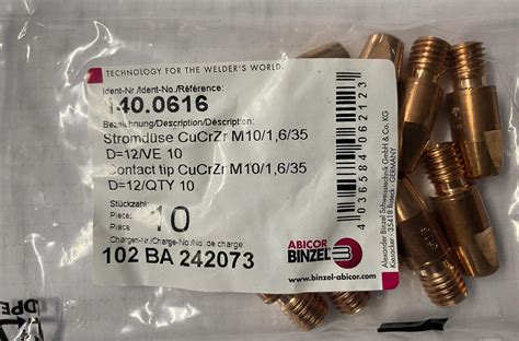Contact Tip 16mm M10 Cucrzr Binzel 1400616 Pack Of 10