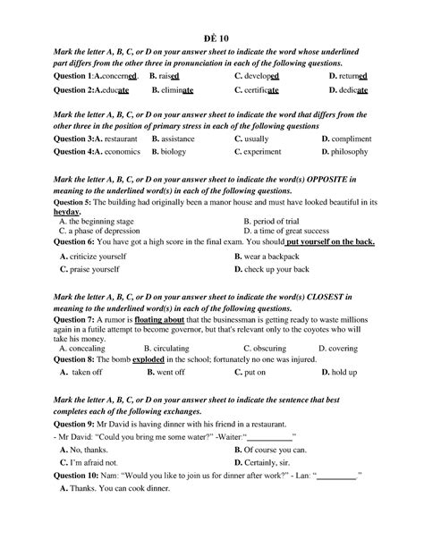 ĐỀ 7 EXAM 7 ĐỀ 10 Mark the letter A B C or D on your answer