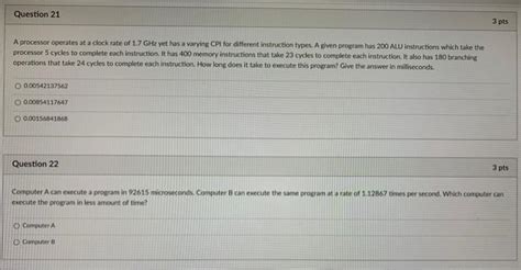 solved question 21 3 pts a processor operates at a clock