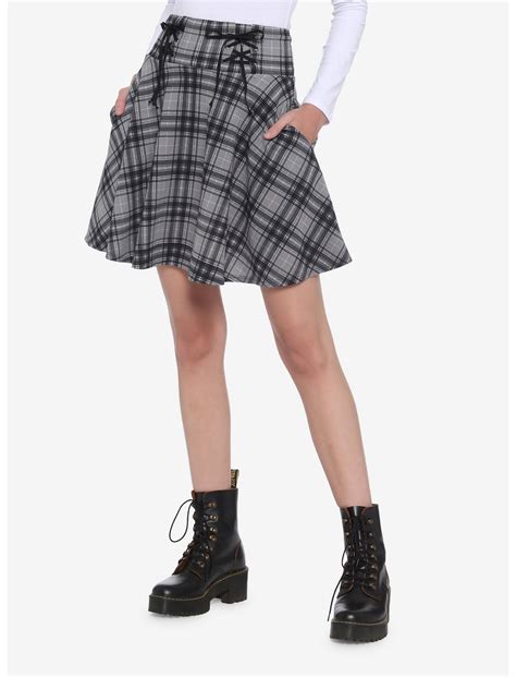 Grey And Black Plaid Lace Up Yoke Skater Skirt Hot Topic