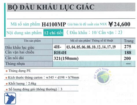 Bộ đầu khẩu lục giác TONE H MP gồm chi tiết Giắc cắm mm IEC Việt Nam