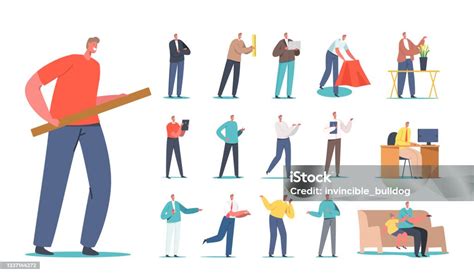 설정 남성 캐릭터 보유 통치자 또는 나무 판자 꽃을 판매 소파에 아이와 Tv를 보고 휴대 전화에 화가 소리 경영자에 대한 스톡 벡터 아트 및 기타 이미지 Istock