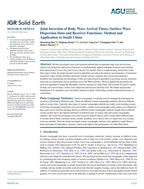 Joint Inversion Of Body Wave Arrival Times Surface Wave Dispersion Data And Receiver Functions