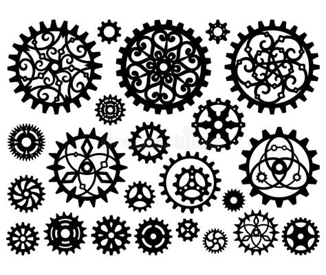 Set Of Black Openwork Gears Different Cogs Steampunk Vintage Stock