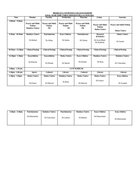 Formatted Time Table Pdf Ayurveda Asian Traditional Medicine