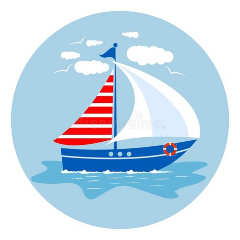 Sailing Boat With Sails A Lifeline And Seagulls On A Blue Background Sailboat And Waves On The