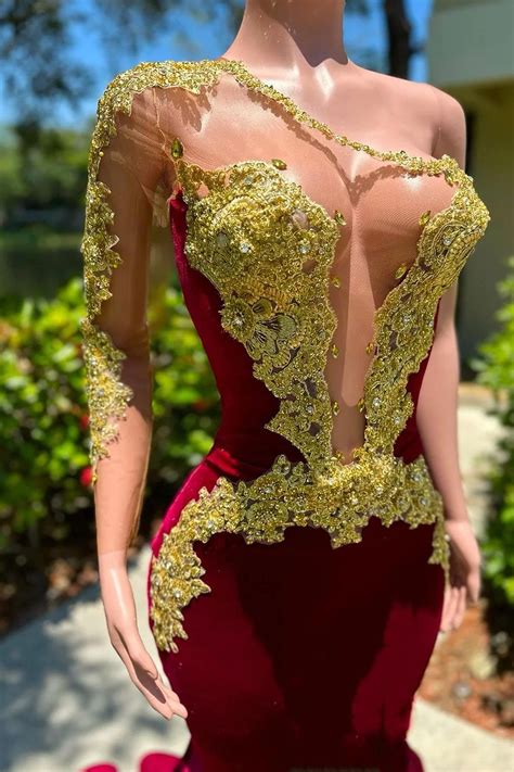 Long Sleeves One Shoulder Gold Appliques Burgundy Prom Dresses Ballbella