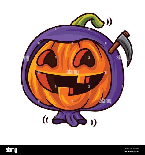 Happy Halloween With Cartoon Cute Funny Pumpkin Wearing Grim Reaper