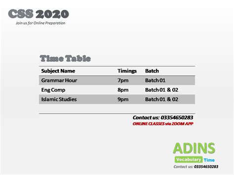 Vocabulary Time Css2020 Online Classes Time Table