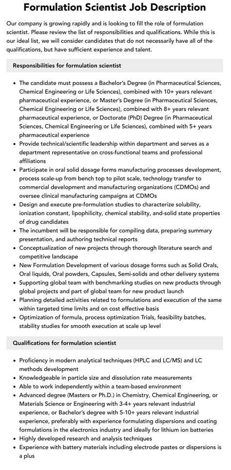 Formulation Scientist Job Description Velvet Jobs