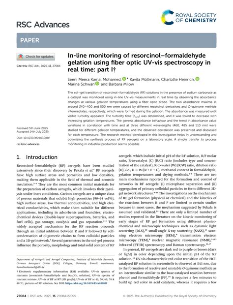 Pdf In Line Monitoring Of Resorcinolformaldehyde Gelation Using