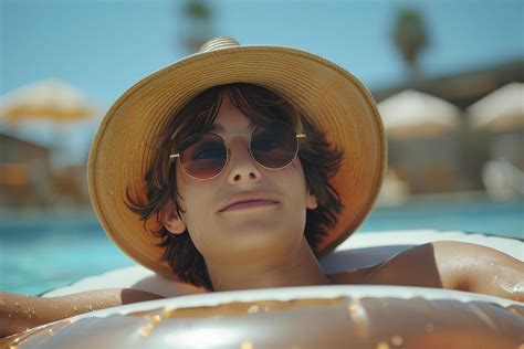 Woman Wearing Straw Hat And Sunglasses Relaxing In Inflatable Pool