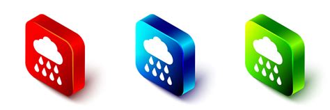 흰색 배경에 격리 된 비 아이콘이있는 등색 구름 비가 내리는 비 구름 강수량 빨간색 파란색 및 녹색 사각형 버튼 벡터 3차원 형태에 대한 스톡 벡터 아트 및 기타 이미지