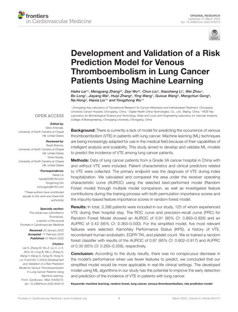 Pdf Development And Validation Of A Risk Prediction Model For Venous Thromboembolism In Lung
