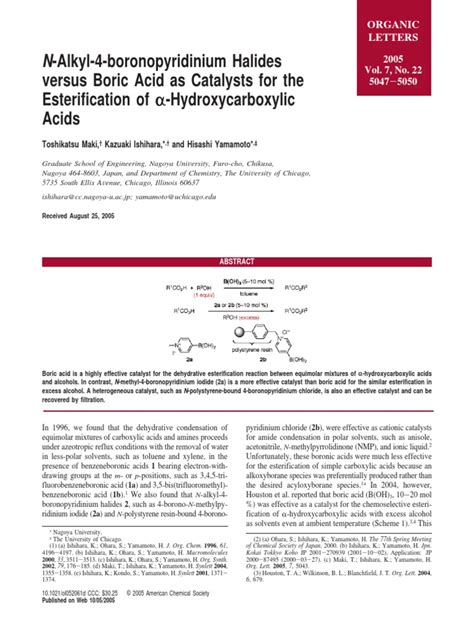 Boric Acid As Catalysts For The Esterification Of α Hydroxycarboxylic