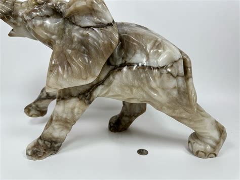 Large Hand Carved Stone Elephant With Trunk Raised Sculpture Heavy 21w X 9d X 16h