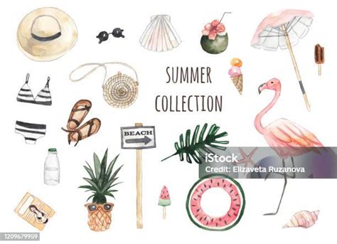 여름 해변 세트입니다 모자 선글라스 아이스크림 칵테일 플라밍고 잡지 수영복 조개 불가사리 수채화 일러스트레이션 가방에 대한 스톡 벡터 아트 및 기타 이미지 Istock