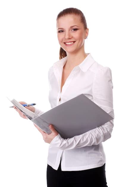 Retrato De Joven Empresaria Con Carpeta Gris Foto Premium