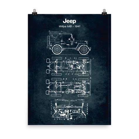 Jeep Willys Mb 1941 Car Blueprint Poster Vintage Style Etsy