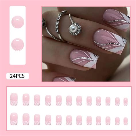 24 Uñas Postizas Cuadradas Medianas Con Pegamento Para Mujeres Niñas Y