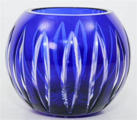 Vintage Bohemian Cobalt Blue Cut To Clear Glass Crystal Rose Vase Bowl