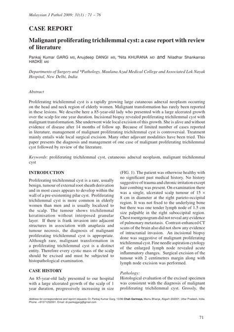 Pdf Malignant Proliferating Trichilemmal Cyst A Case Report With