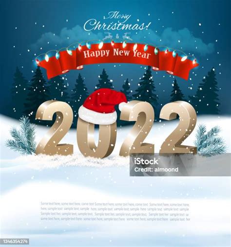 메리 크리스마스와 새해 복 많은 새해 2022 산타 모자와 황금 3d 번호 겨울 풍경 배경에 나무의 가지 벡터 12월에 대한