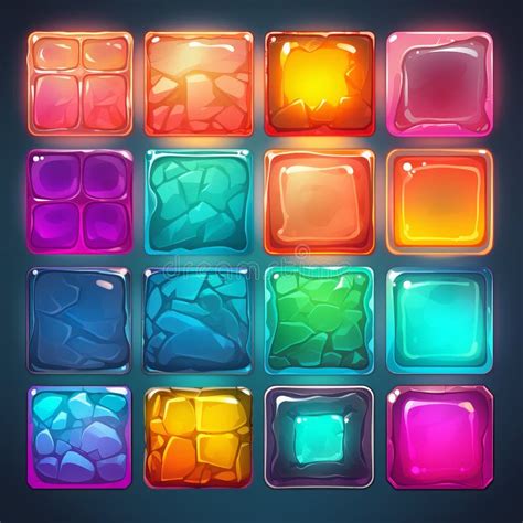 Colorful Square Glowing Crystal Glass Buttons For Game Or Web Design