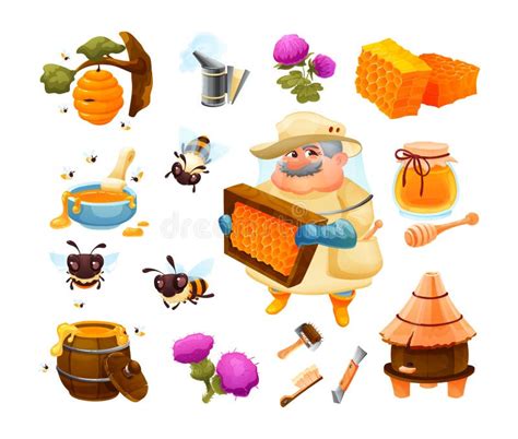 Honey Bee Icon Set With Honeycomb With Hive Beekeeping Farm Set Stock