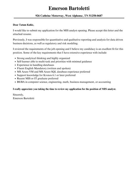 Mis Analyst Cover Letter Velvet Jobs