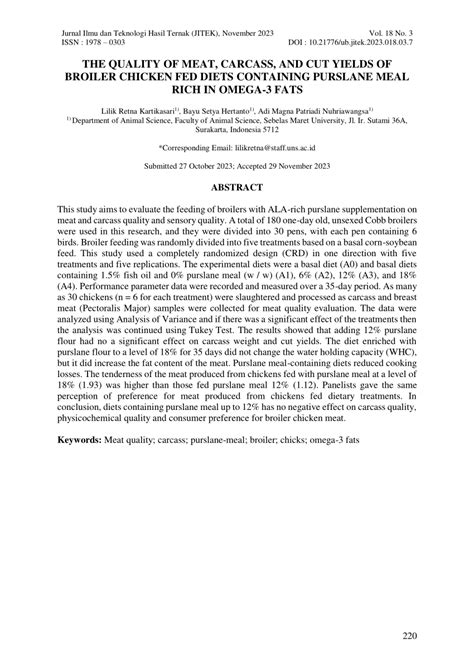 Pdf The Quality Of Meat Carcass And Cut Yields Of Broiler Chicken Fed Diets Containing