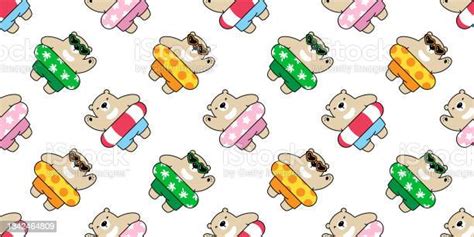 곰 원활한 패턴 극지 수영 반지 수영장 바다 벡터 바다 벡터 해변 테디 만화 낙서 스카프 선물 포장지 타일 배경 반복 벽지
