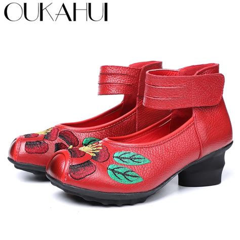 Oukahui Autumn Spring Chinese Style Genuine Leather Vintage Mid Heels