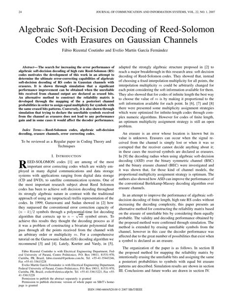 Pdf Algebraic Soft Decison Decoding Of Reed Solomon Codes With