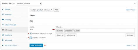 adding sizes options in woocommerce product advance
