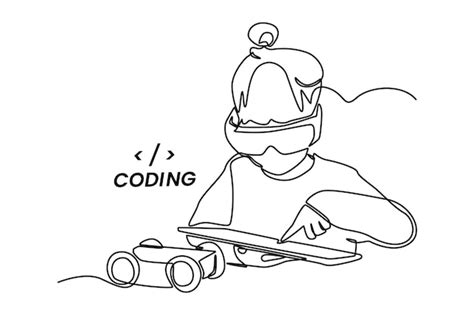 El Programador De Niña De Dibujo Continuo De Una Línea Hace Código De