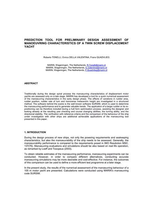 Prediction Tool For Preliminary Design Assessment Of The Manoeuvring Characteristics Of Twin