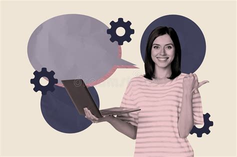 3d Collage Design Composite Trend Sketch Of Young Lady Smile Hold Laptop Cogwheel Worker