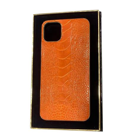 New 24k Gold Orange Ostrich Leather Iphone 15 Pro Max Case Leronza