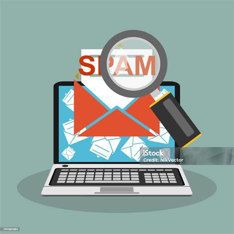 스팸 이메일 경고 창이 랩톱 화면에 나타납니다 바이러스 불법 복제 해킹 및 보안의 개념 스팸 봉투 전자 메일 보호 맬웨어 방지 소프트웨어의 웹 사이트 배너 플랫 벡터입니다
