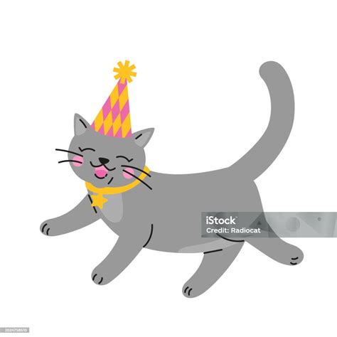귀여운 만화 회색 고양이가 파티 모자를 쓰고 있습니다 달리는 행복한 새끼 고양이 생일에 대한 스톡 벡터 아트 및 기타 이미지