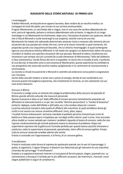 Riassunto Storie Naturali Di Primo Levi Sintesi Del Corso Di