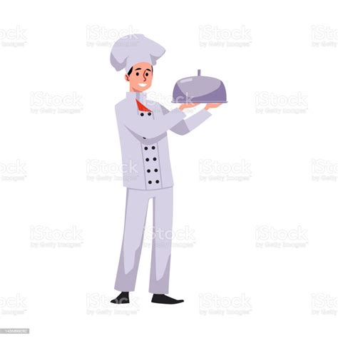 유니폼과 모자를 쓴 남성 요리사가 식사를 선보이며 흰색 배경에 고립 된 플랫 벡터 일러스트레이션 요리사 모자에 대한 스톡 벡터 아트 및 기타 이미지 Istock