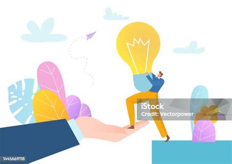 사업가는 거대한 전구 조명 작은 비즈니스 캐릭터 창조적 인 화려한 아이디어 평면 벡터 삽화를 흰색으로 격리합니다 개념에 대한