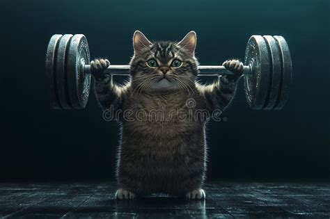 A Mighty Tabby Cat Lifting Weights A Hilarious Fitness Feat Stock