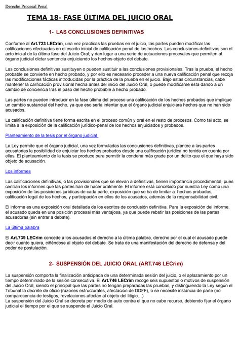 Tema 18 Apuntes Tema 18 Procesal I Uniovi Derecho Procesal Penal