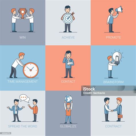선형 평면 비즈니스 사람과 개체 상황 벡터 일러스트 레이 션 비즈니스 마케팅 프로 모션 개념입니다 승리 달성 홍보 시간 관리 연락처 악수 브레인 스토밍 말씀을 전파 계약서에
