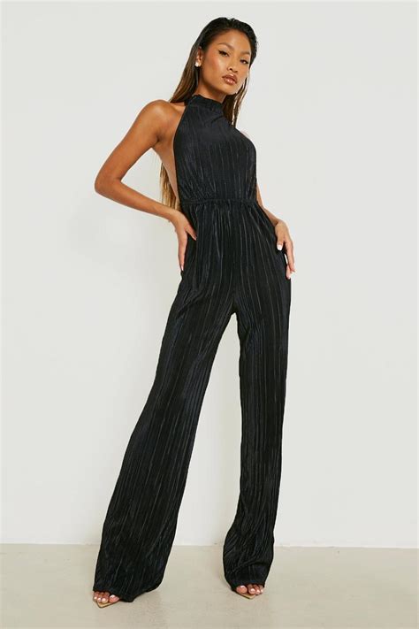 Womens Plisse High Neck Wide Leg Jumpsuit Boohoo Uk