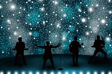 블루 라이트와 별 밴드 쇼 개념 뮤지션 가수 댄서의 실루엣 세트 벡터 일러스트레이션 Performance Group에 대한 스톡